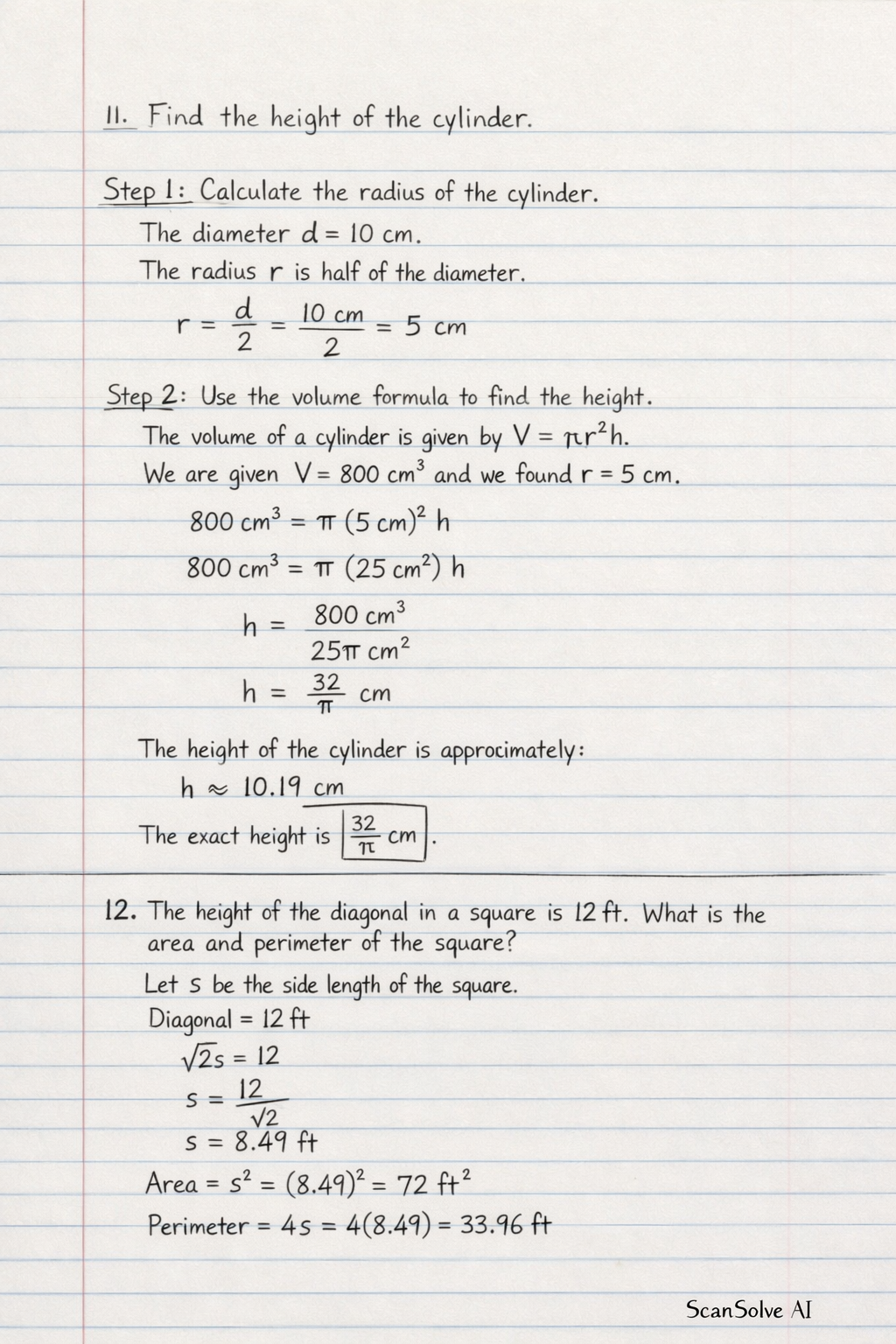 Solved: Find the height of the cylinder.… | Mathematics | ScanSolve